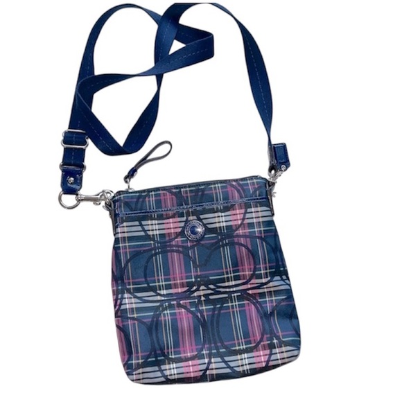 Coach | Bags | Coach Crossbody Plaid C Logo Navy Purse | Poshmark